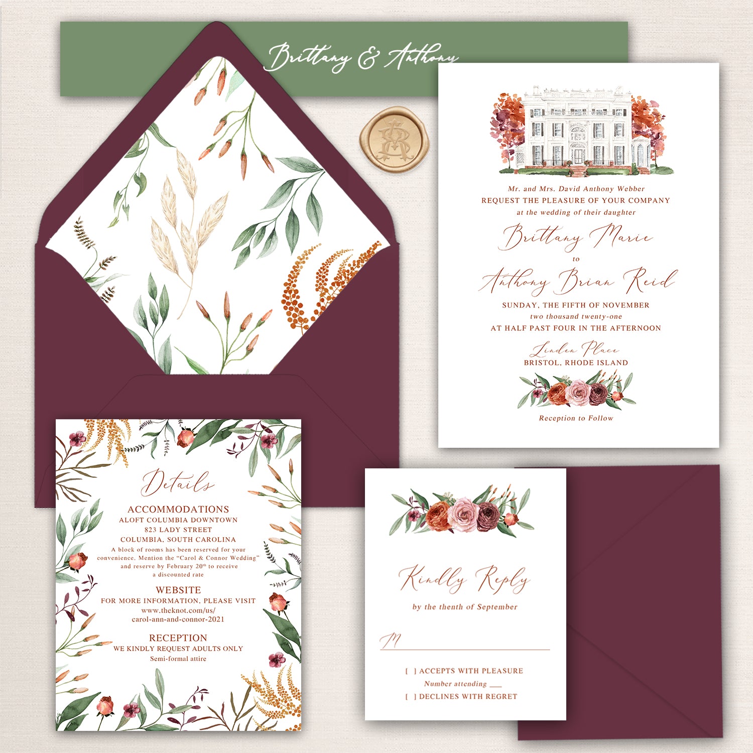 Linden Place Wedding Invitations with Fall Floral Accents – HALOdesignsSHOP