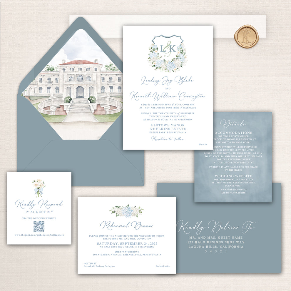 Elstowe Manor at Elkins Estate Watercolor Wedding Invitations ...