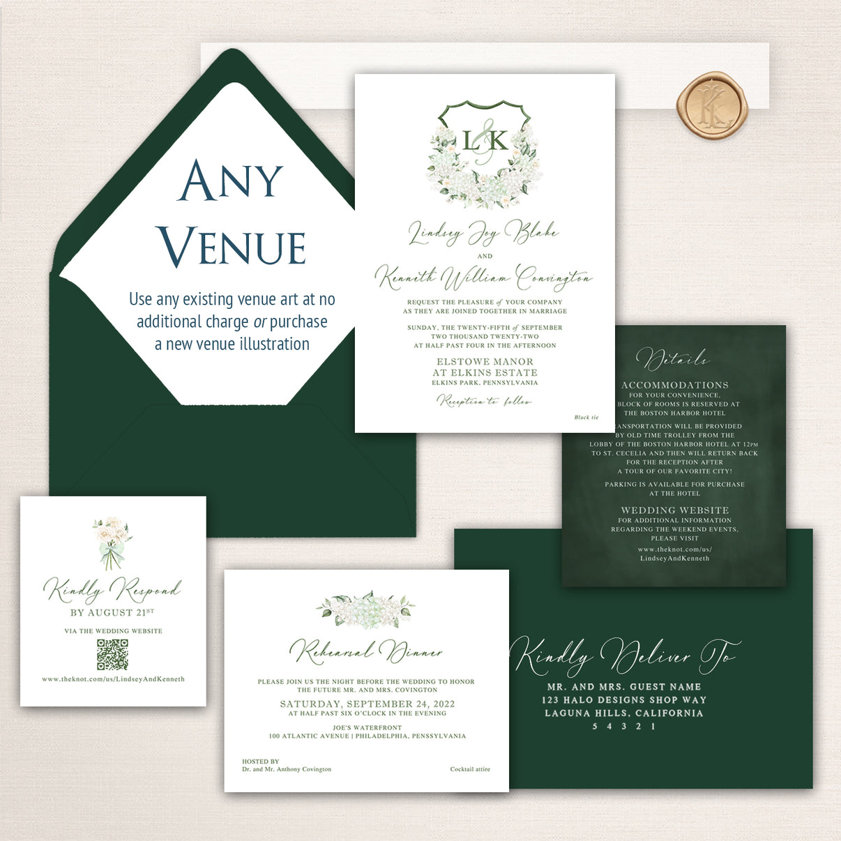 Elstowe Manor at Elkins Estate Watercolor Wedding Invitations ...